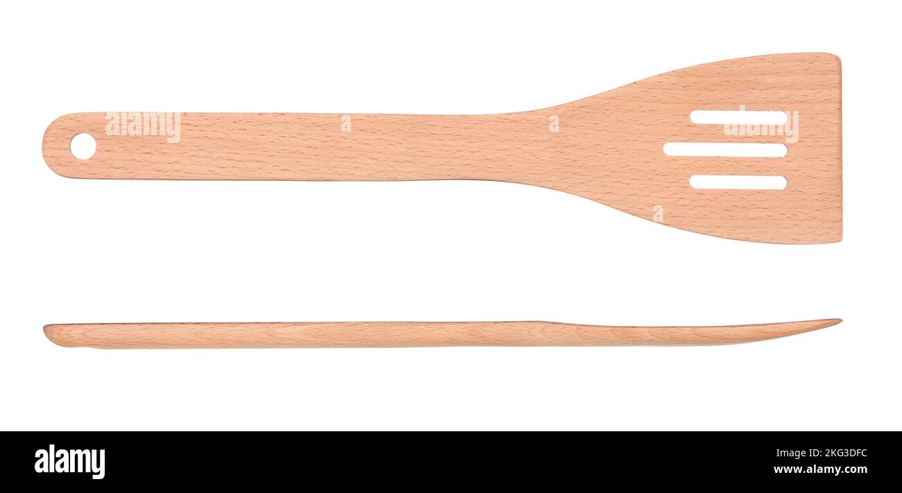 Wooden slotted spatula front and side view isolated on white background ...