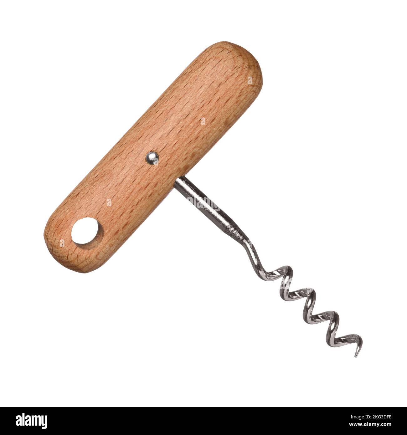Steel corkscrew with wooden handle for wine bottle cork isolated on ...
