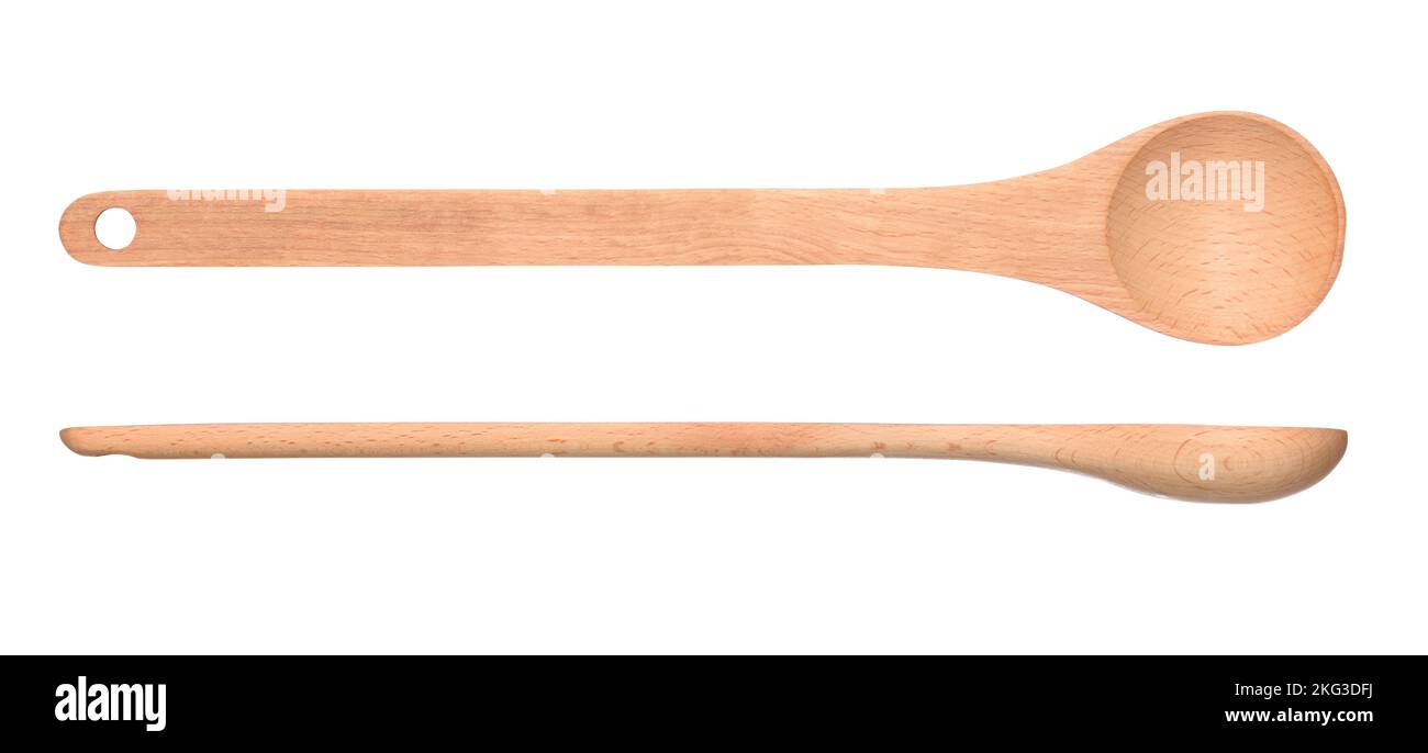 Wooden spoon with long handle front and side view isolated on white ...