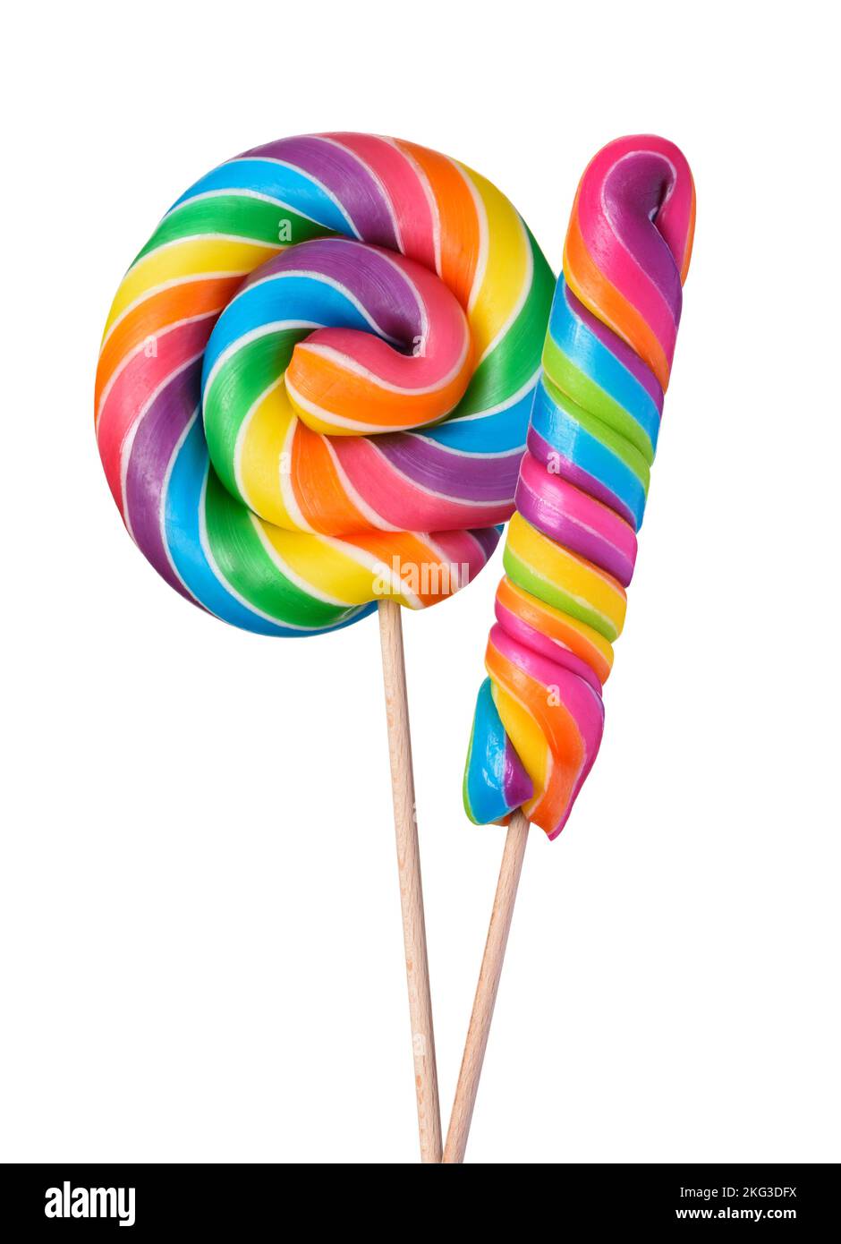 Two colorful lollipop swirl spiral big candies on wooden stick rainbow ...