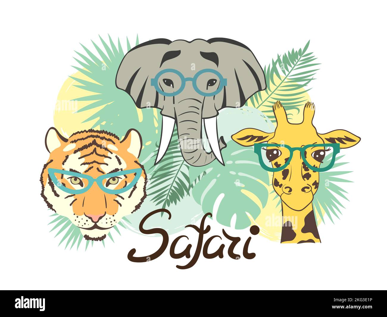 Vector Safari illustration with animals - elephant, tiger, giraffe ...