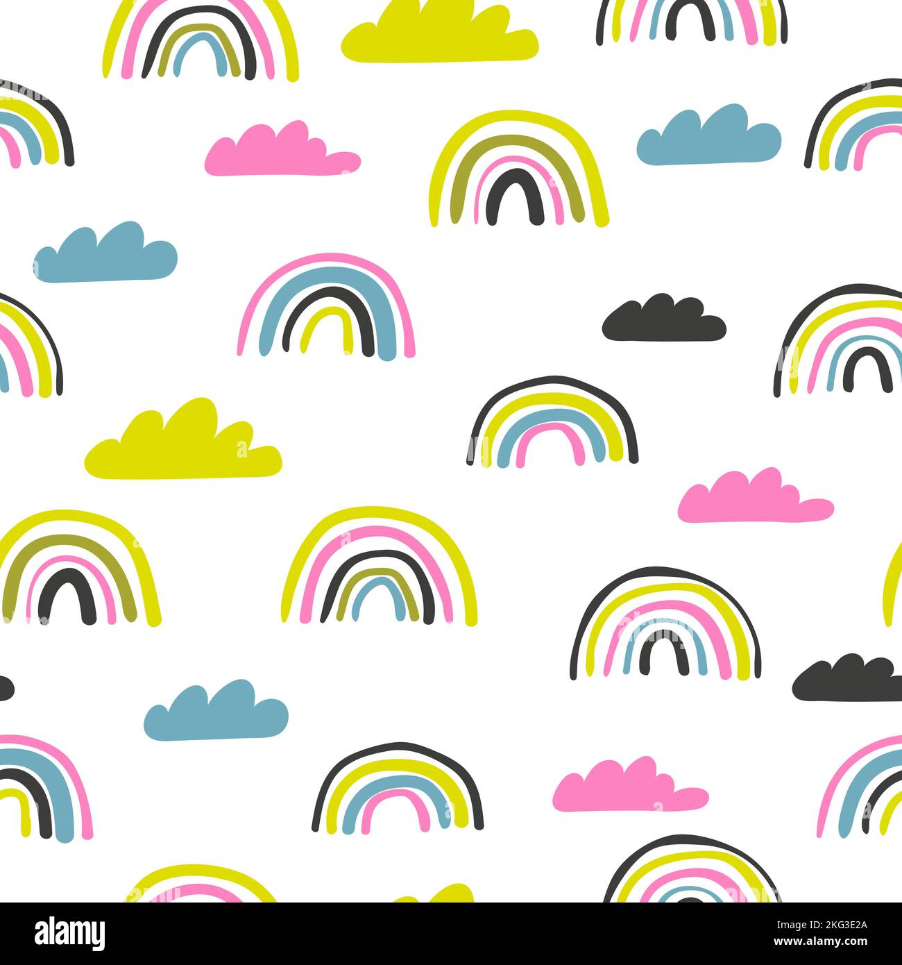 Seamless hand drawn colorful rainbows and clouds pattern. Colorful kids ...