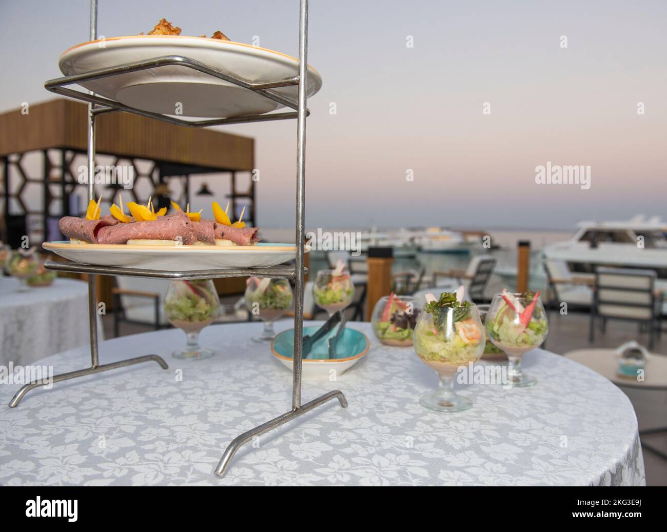 Selection display of salads and cold cuts on a display stand at luxury ...