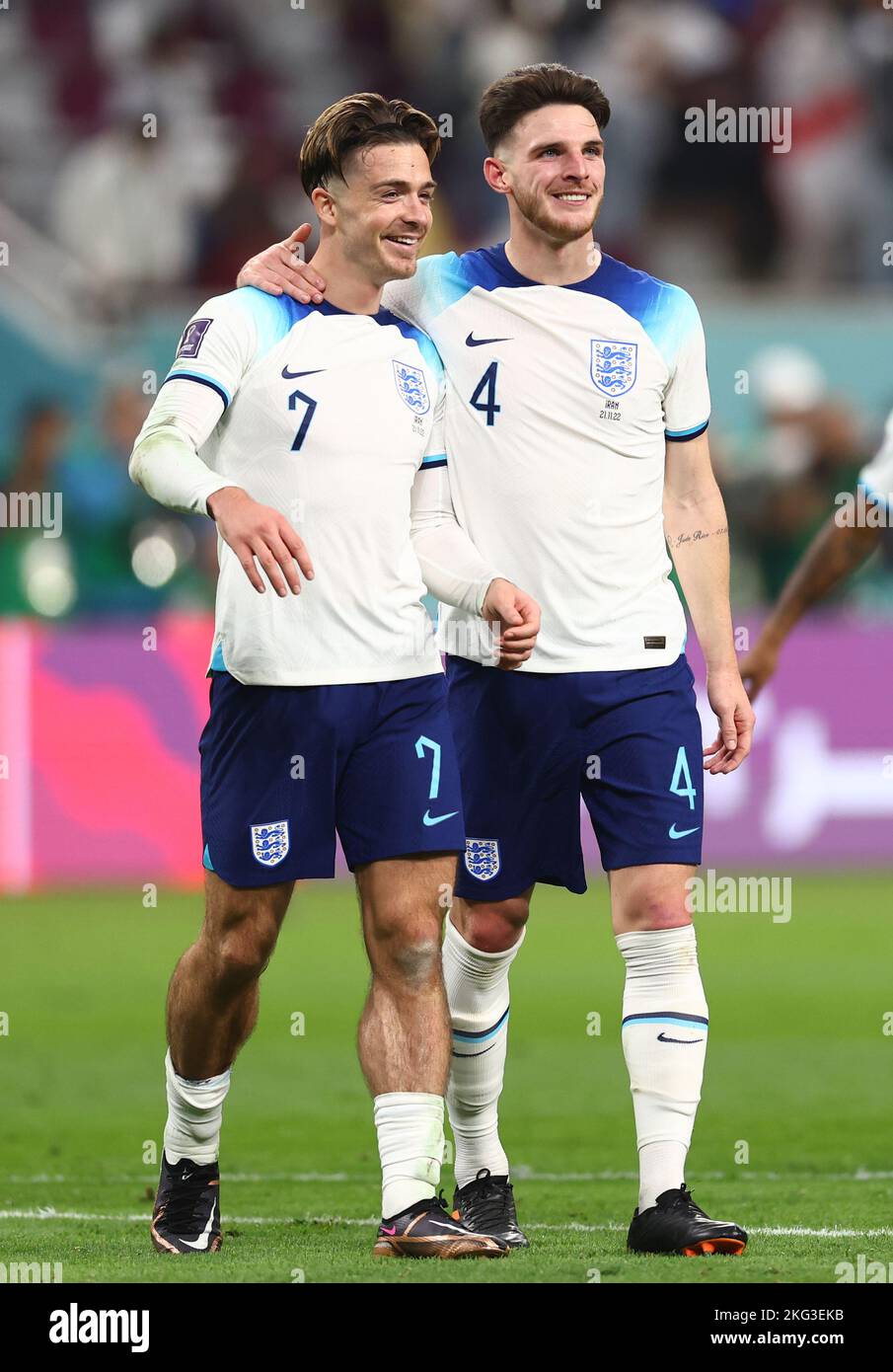 Doha, Qatar. 21st Nov, 2022. Jack Grealish of England and Declan Rice ...
