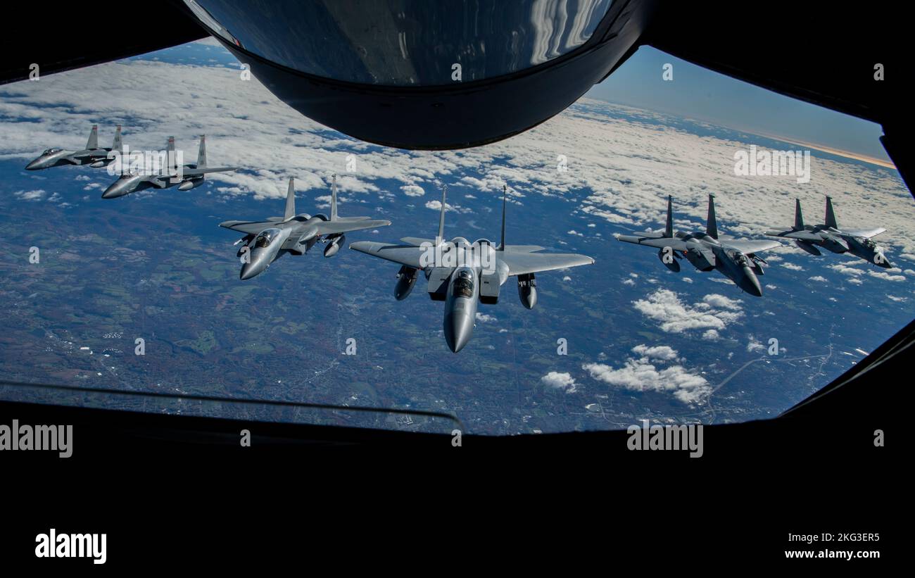 Six U.S. Air Force F-15C Eagles assigned to the 104th Fighter Wing ...