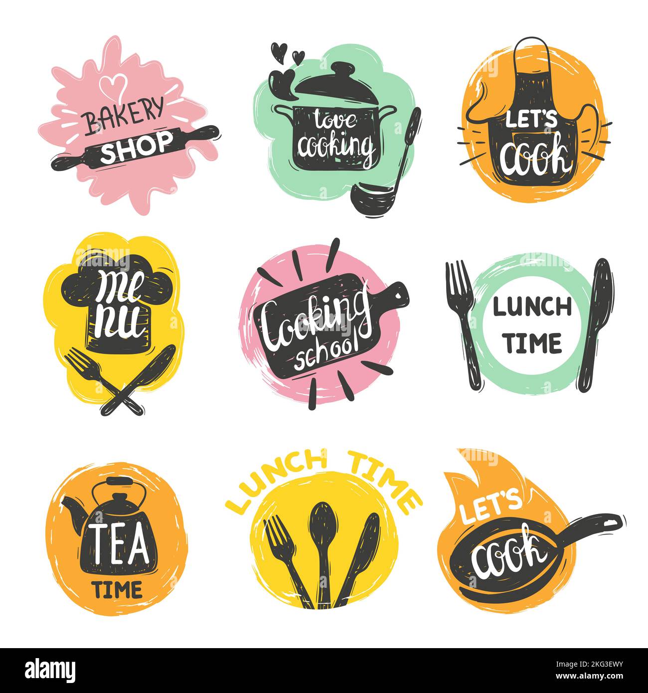 Doodle cooking food logo set. Hand drawn vector kitchen badges, labels ...