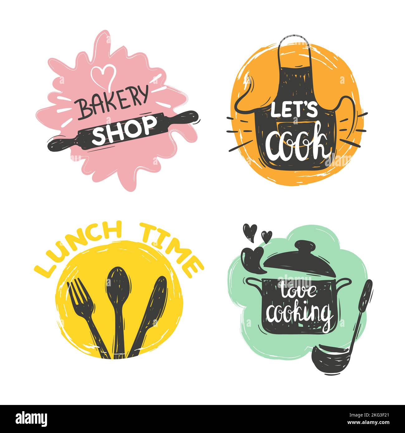 Doodle cooking food logo set. Hand drawn vector kitchen badges, labels ...