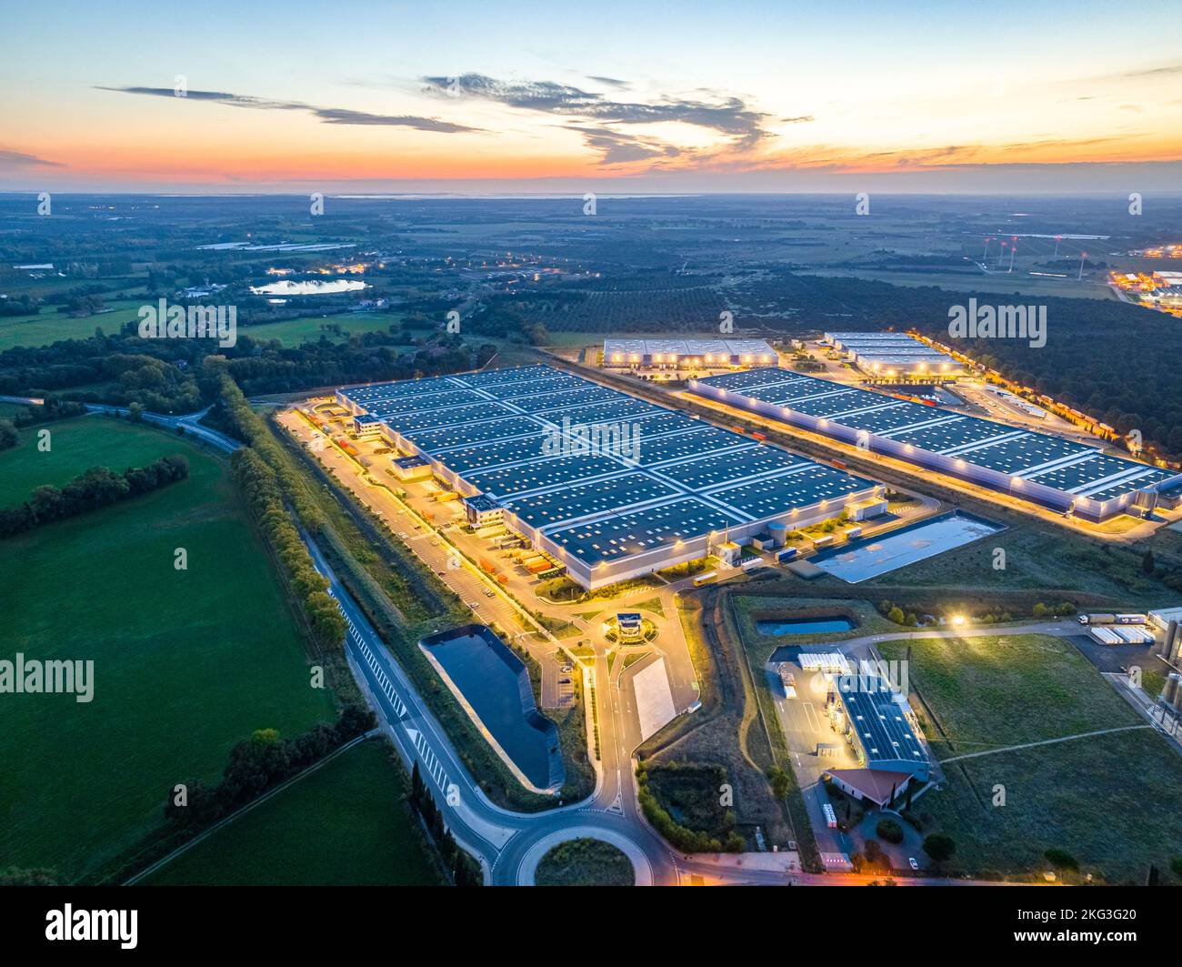 Night aerial view of a logistic center in the industrial area ...
