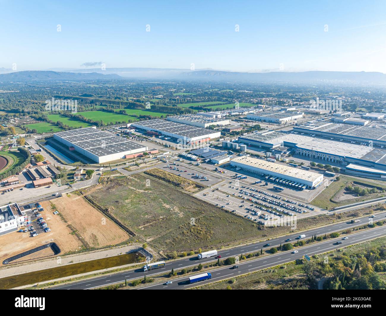 Aerial panorama view of industrial area from the top surrounded by main ...