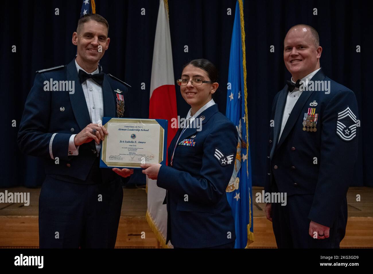 U.S. Air Force Senior Airman Izabella Amaro, center, Airman Leadership ...