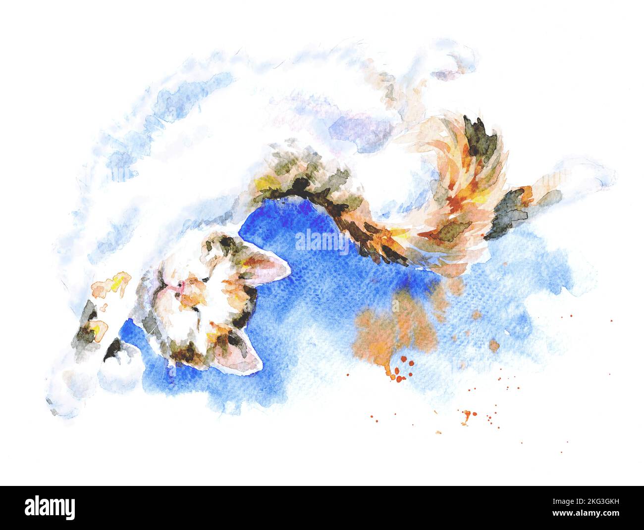 Beautiful illustration of a cute young tricolor stretching cat ...