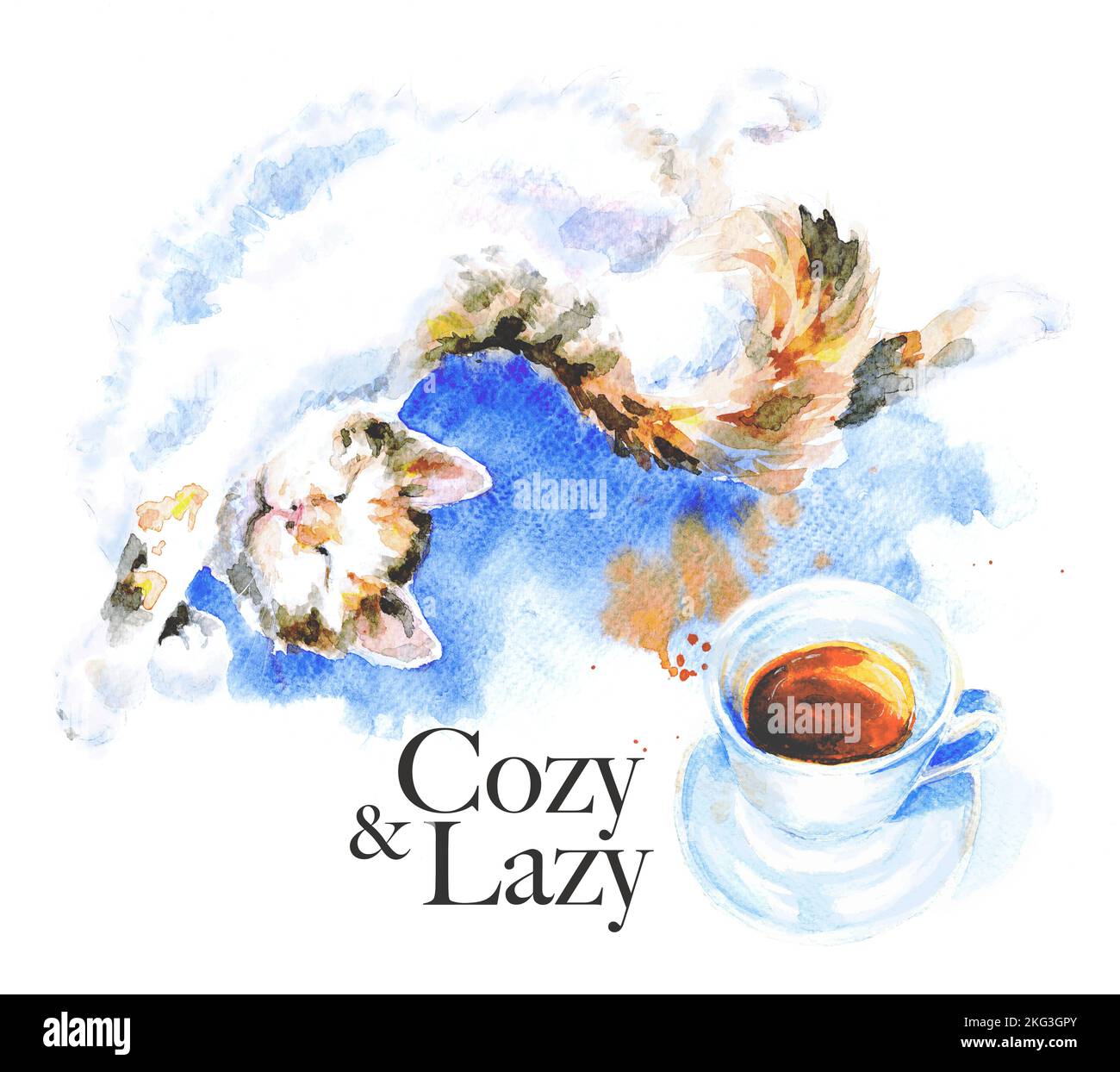 Beautiful illustration of a cute young tricolor stretching cat with a ...