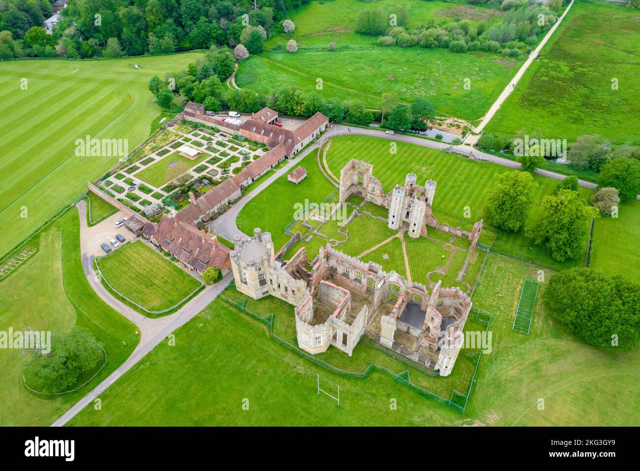 An aerial view of Historic Castle Ruins in UK Stock Photo - Alamy