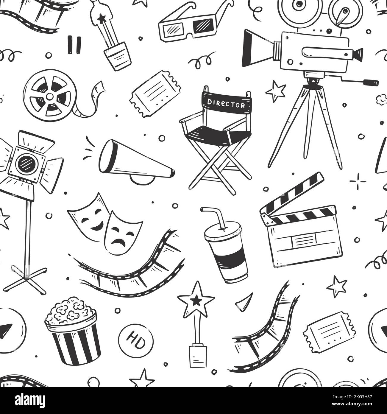 Movie, cinema vector pattern. Doodle hand drawn sketch style movie ...