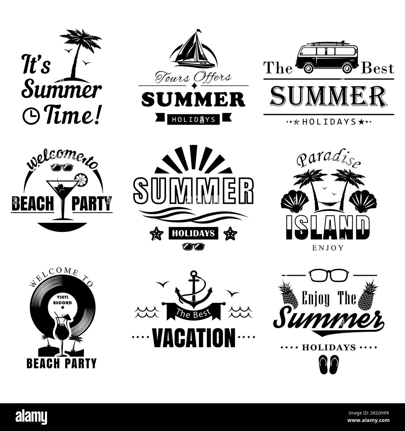 Vector set of summer camp, bus trip, beach party, tropical vacation ...