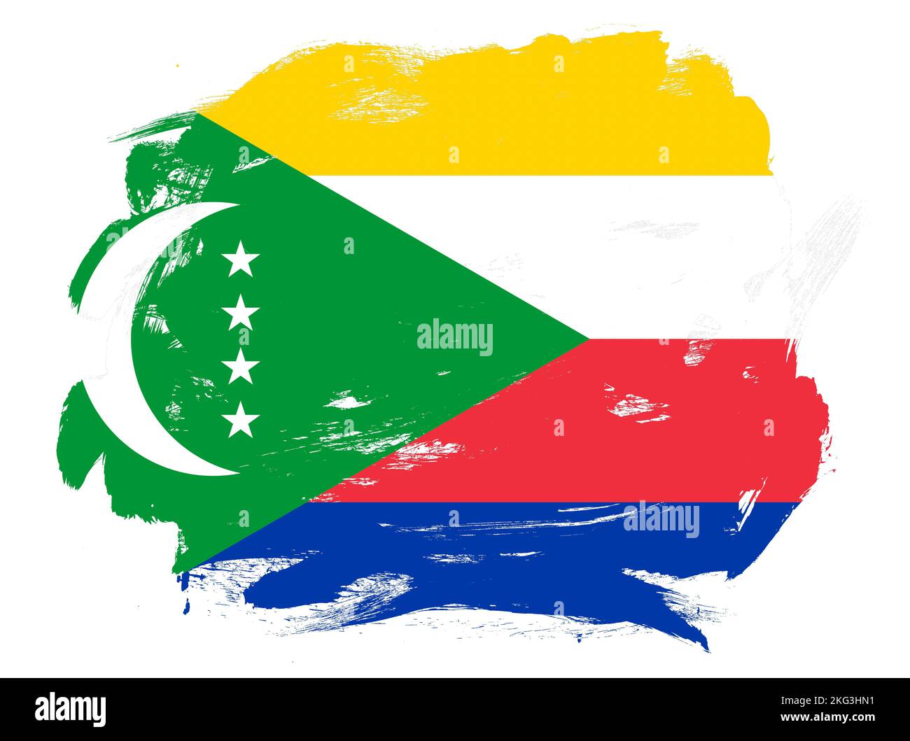 Comoros flag on abstract painted white stroke brush background Stock ...