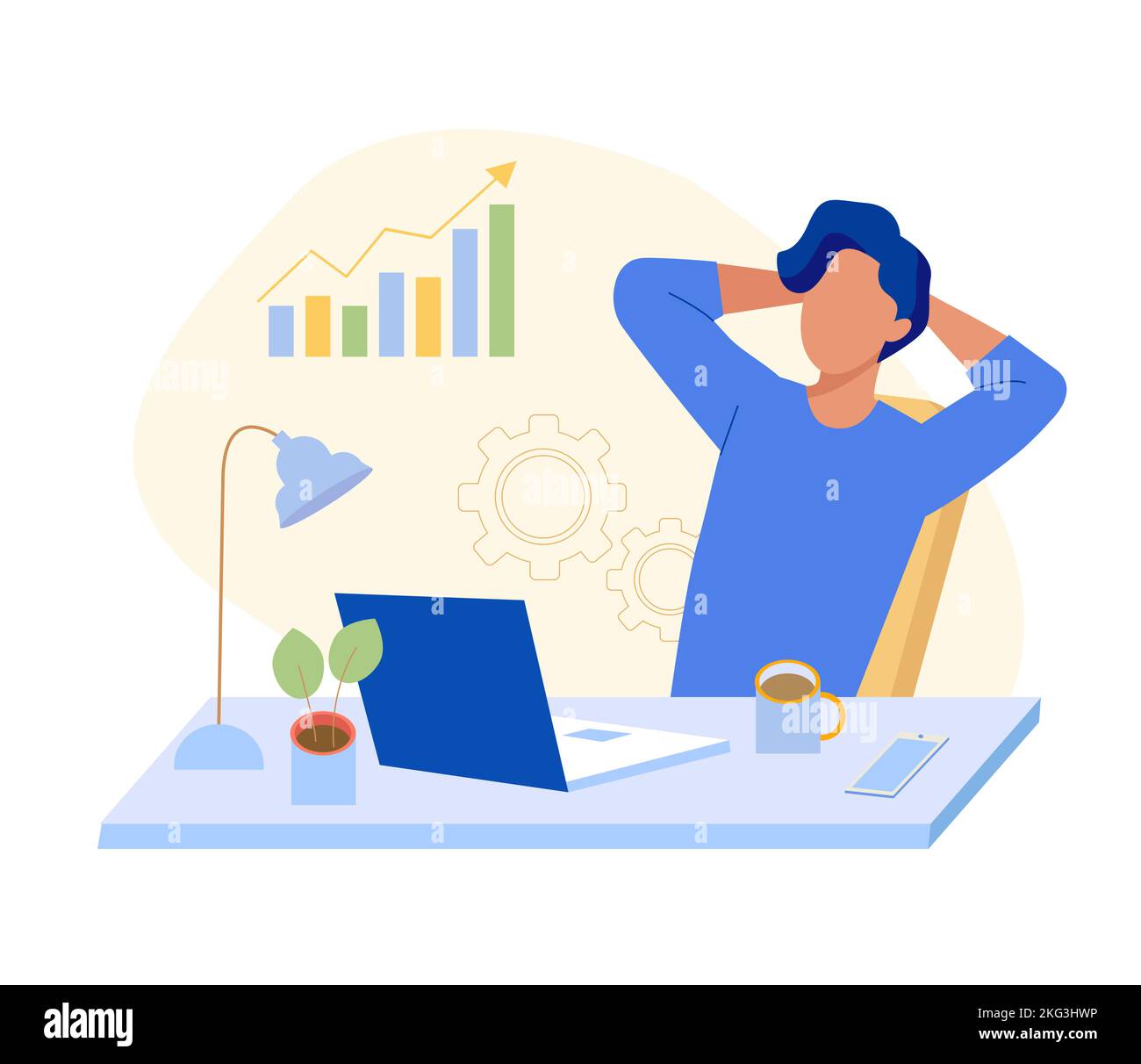 Relaxed man after productive work sits in the office with a laptop ...