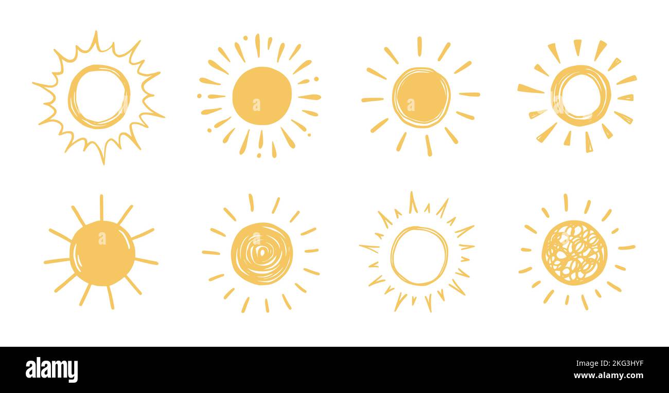 Doodle sun sketch illustration. Hand drawn cute orange sun set. Scribble doodle children drawn ...