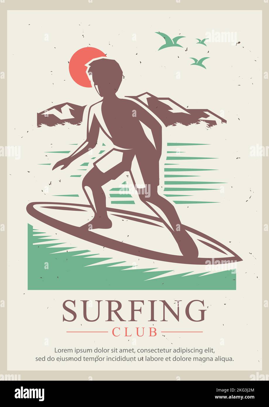 Surfing club grunge typography poster design template, vector ...