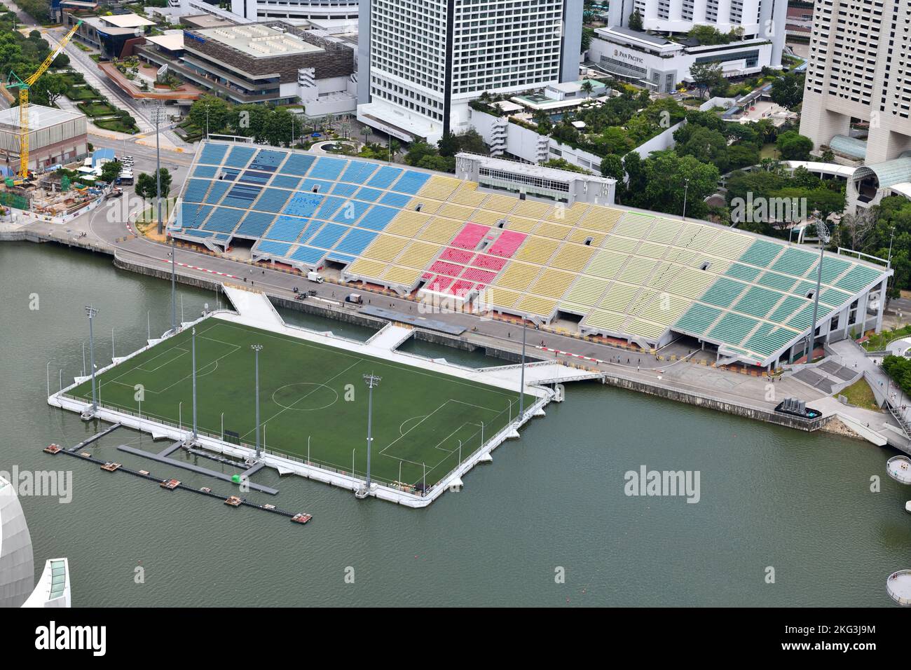 The Float football pitch and Marina Bay Grandstand in Singapore, Asia ...