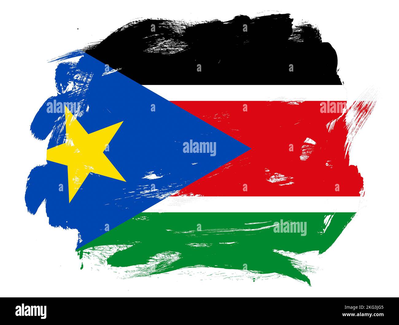 South sudan flag on abstract painted white stroke brush background ...