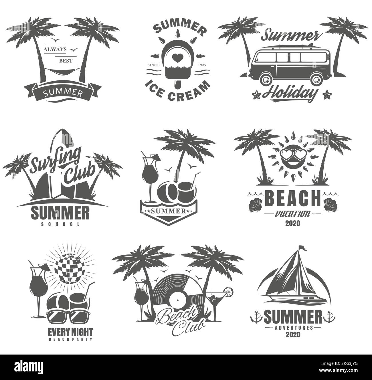 Vector set of summer adventure, beach vacation, night party, surfing ...