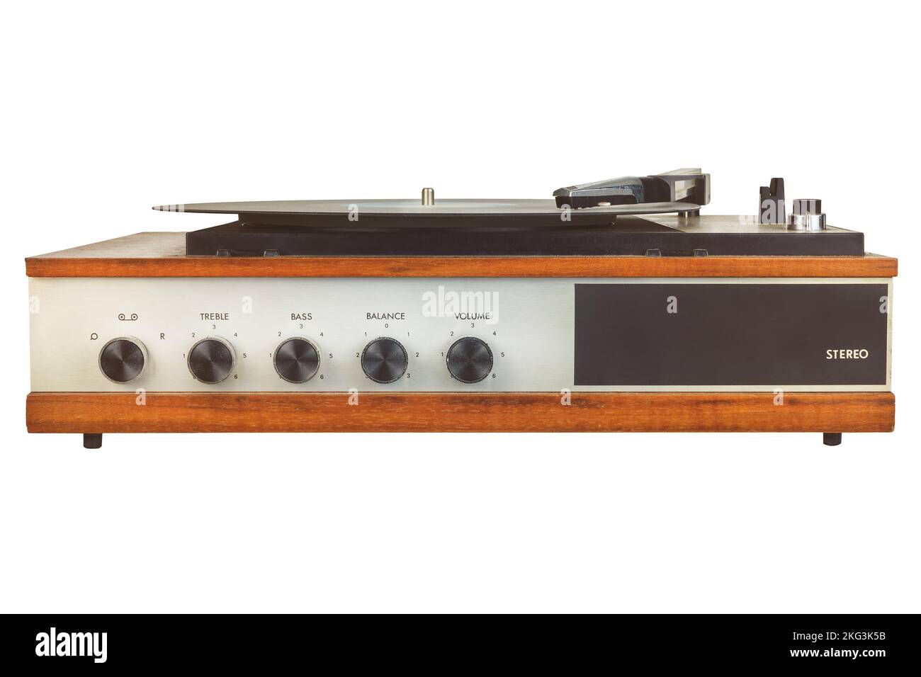 Front view of a vintage turntable with knobs isolated on a white ...
