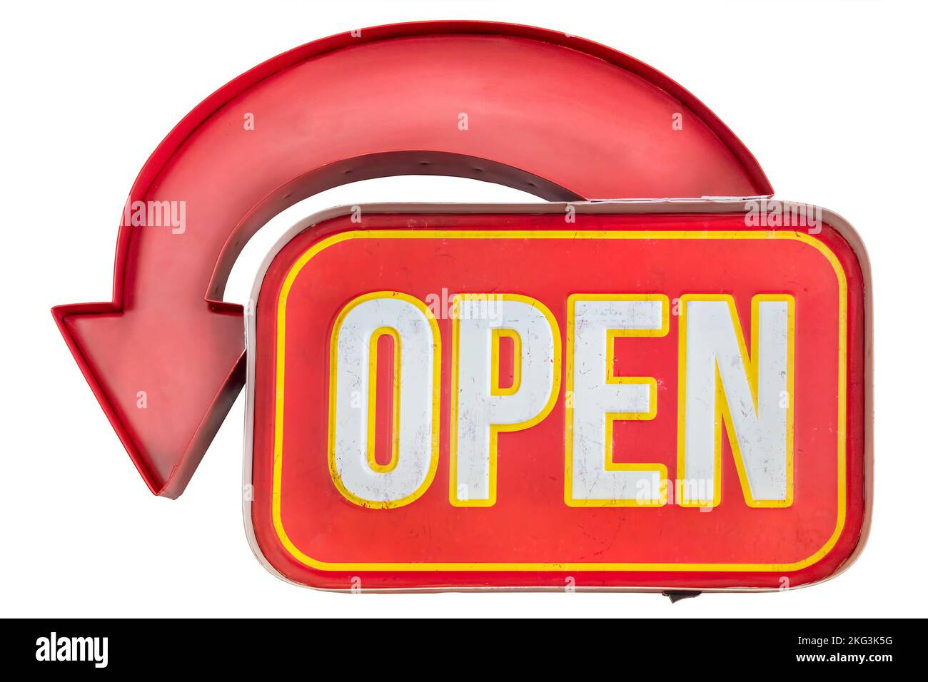 Vintage open sign with arrow and electric light isolated on a white ...