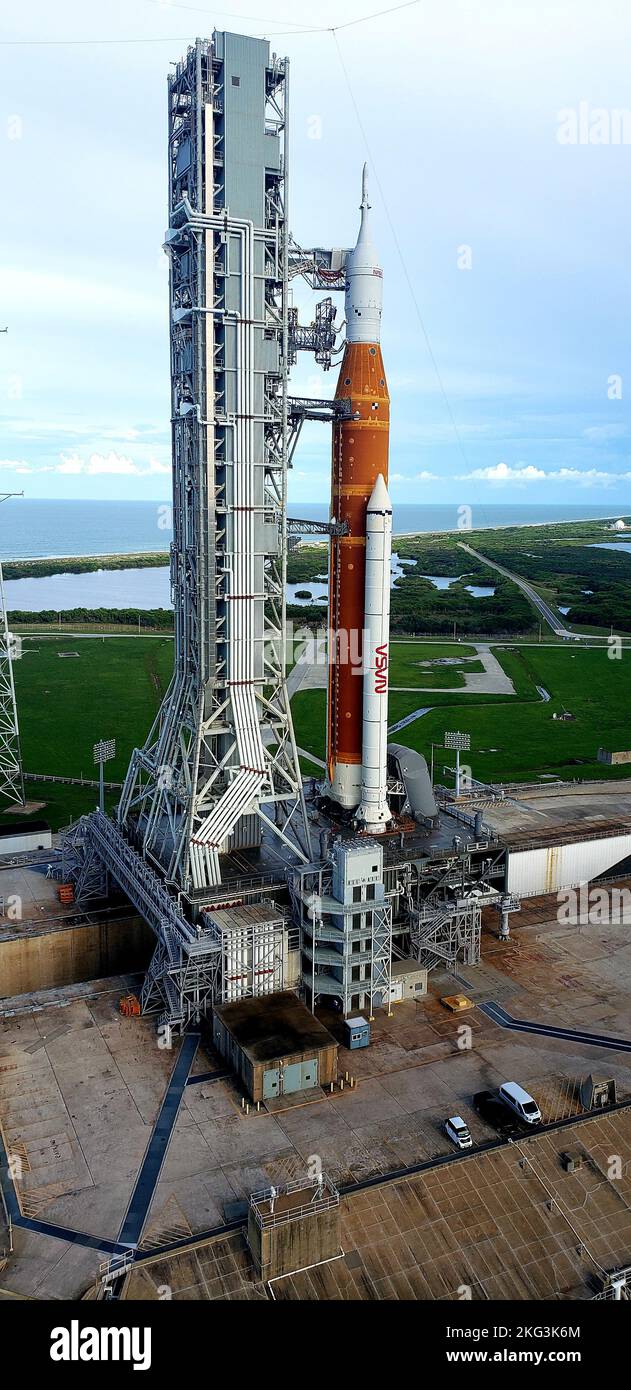 Close-up of Artemis I SLS and Orion spacecraft on the mobile launcher ...