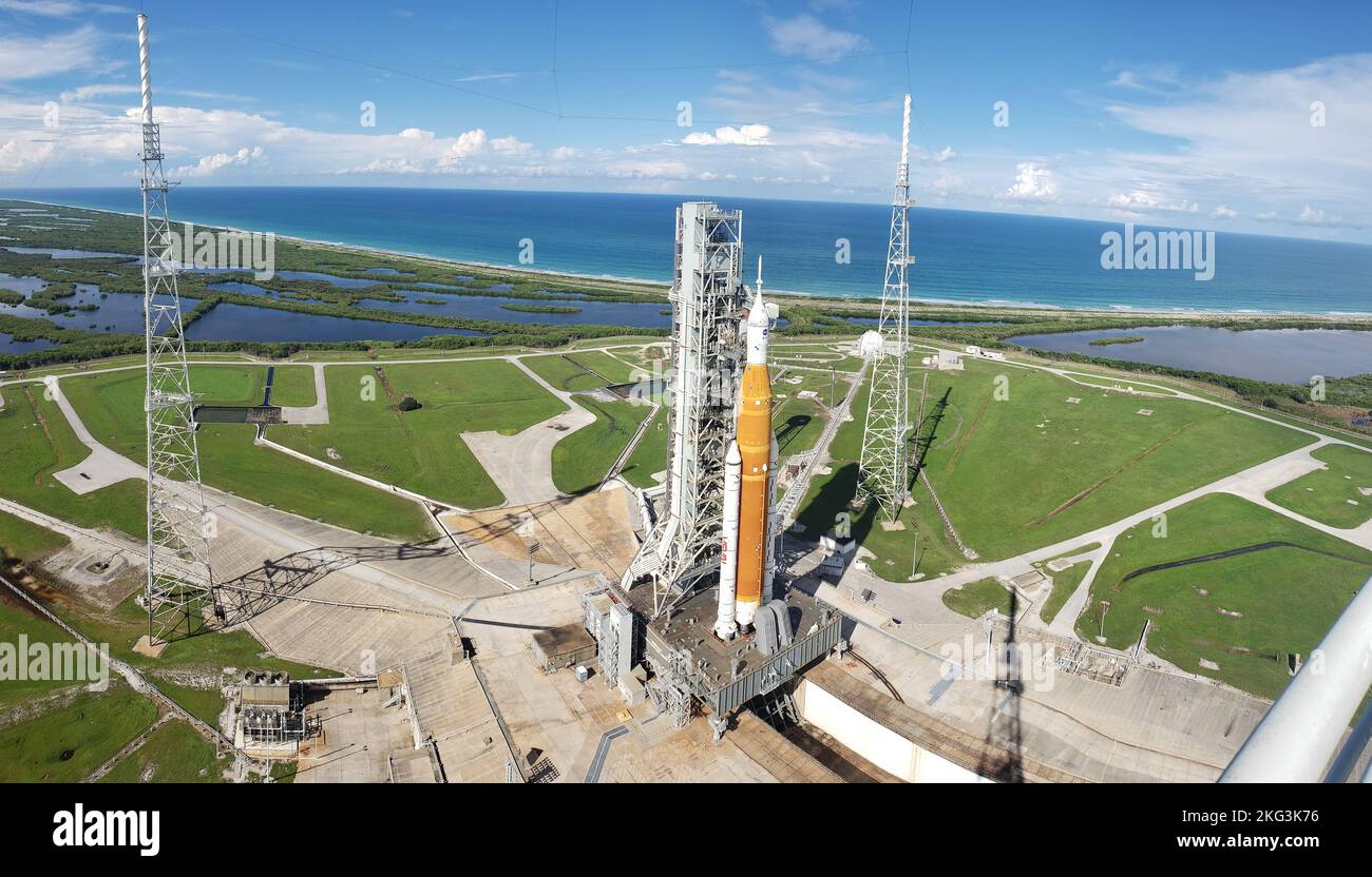 Artemis I SLS at Launch Complex 39B. A view of the Artemis I Space Launch System (SLS) and Orion ...