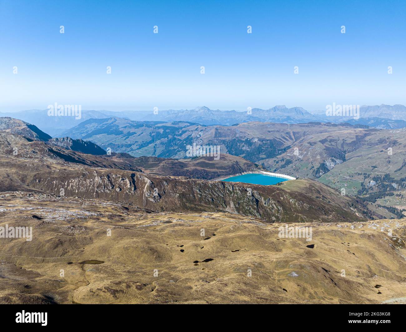 Spectacular drone shot of Lac de la Gittaz taken from Roches Merles ...