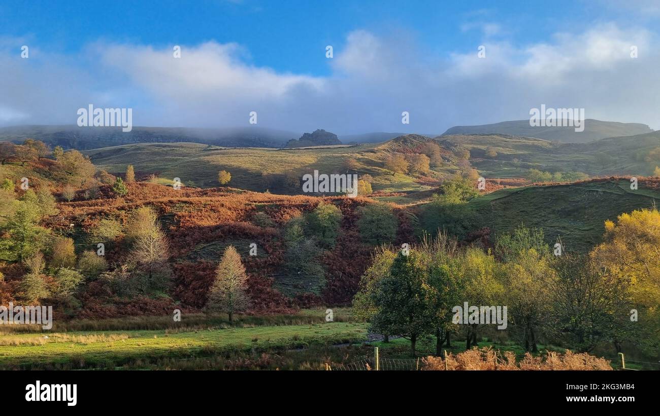 A colorful autumnal landscape of hills covered with trees Stock Photo ...