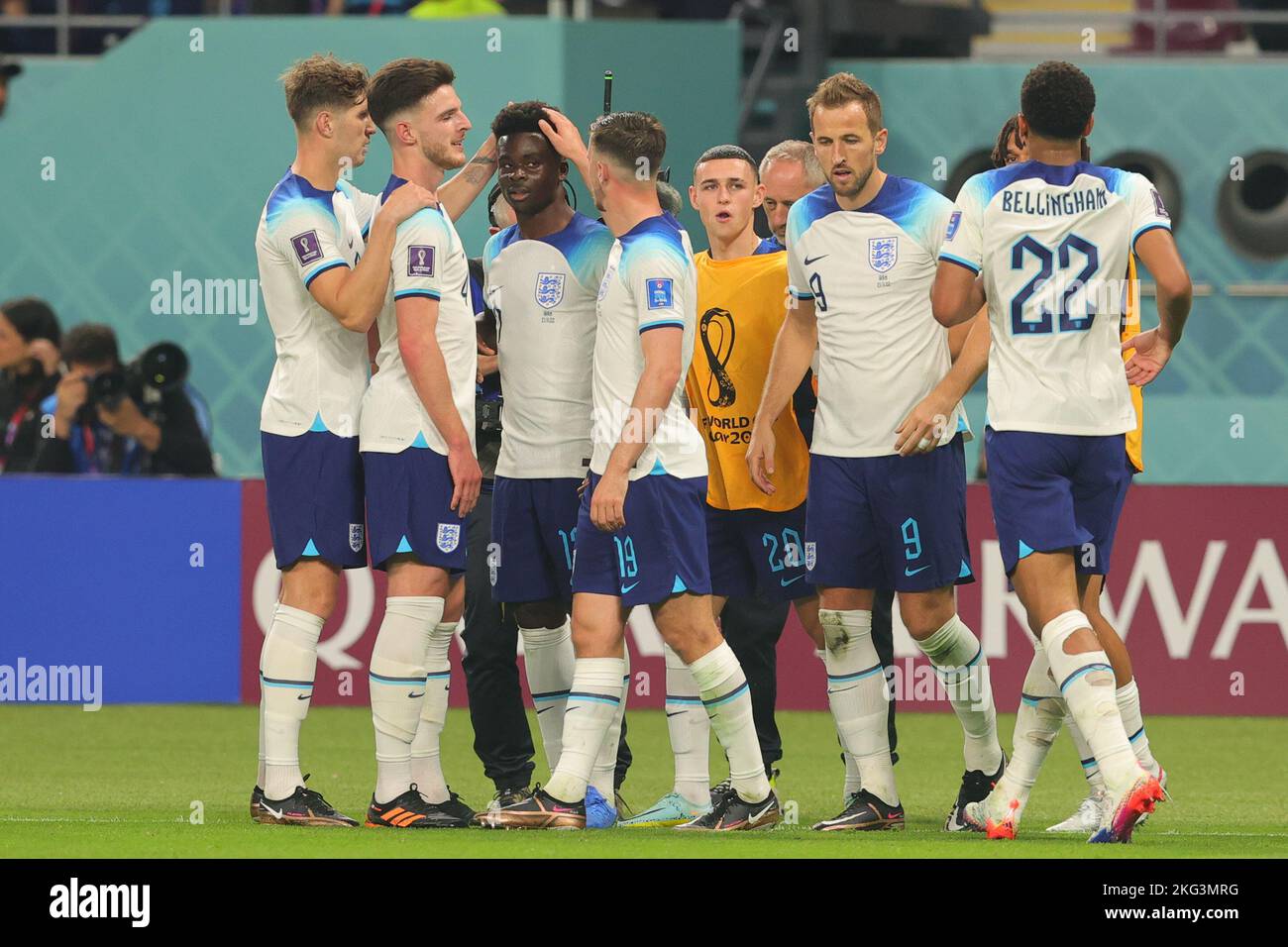 Doha, Qatar. 21st Nov, 2022. England celebrate Bukayo Saka of England ...