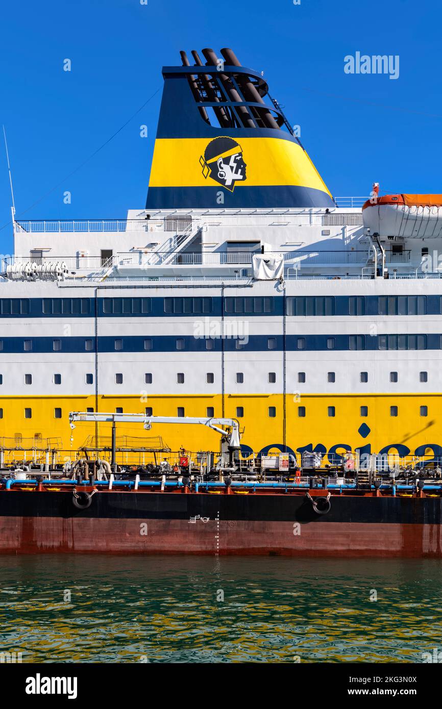 Close up Corsica Sardina passenger and freight ferries Port of Toulon ...