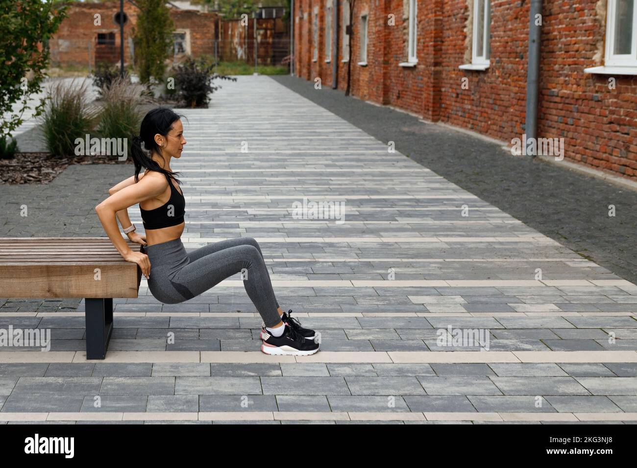 Sporty woman doing triceps dip exercise on the bench outdoor Stock ...
