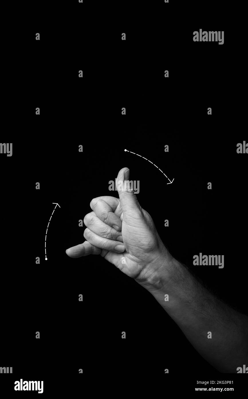 Dramatic black and white image of a male hand fingerspelling the Fench ...