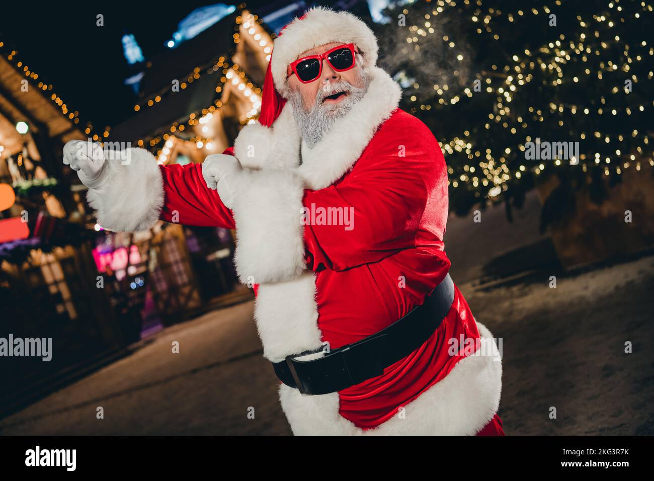 Portrait of funky granddad santa claus have fun dancing newyear ...
