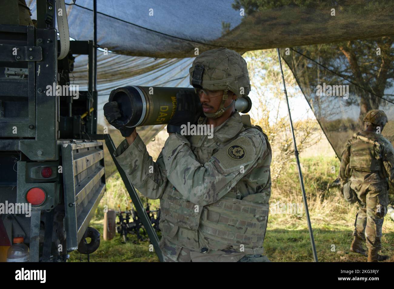 U.S. Soldiers assigned to Bravo Battery, Field Artillery Squadron, 2nd Cavalry Regiment prepare ...