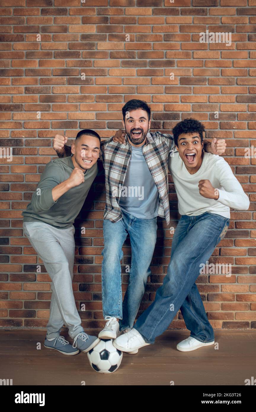 Merry company of football fans posing for the camera Stock Photo - Alamy