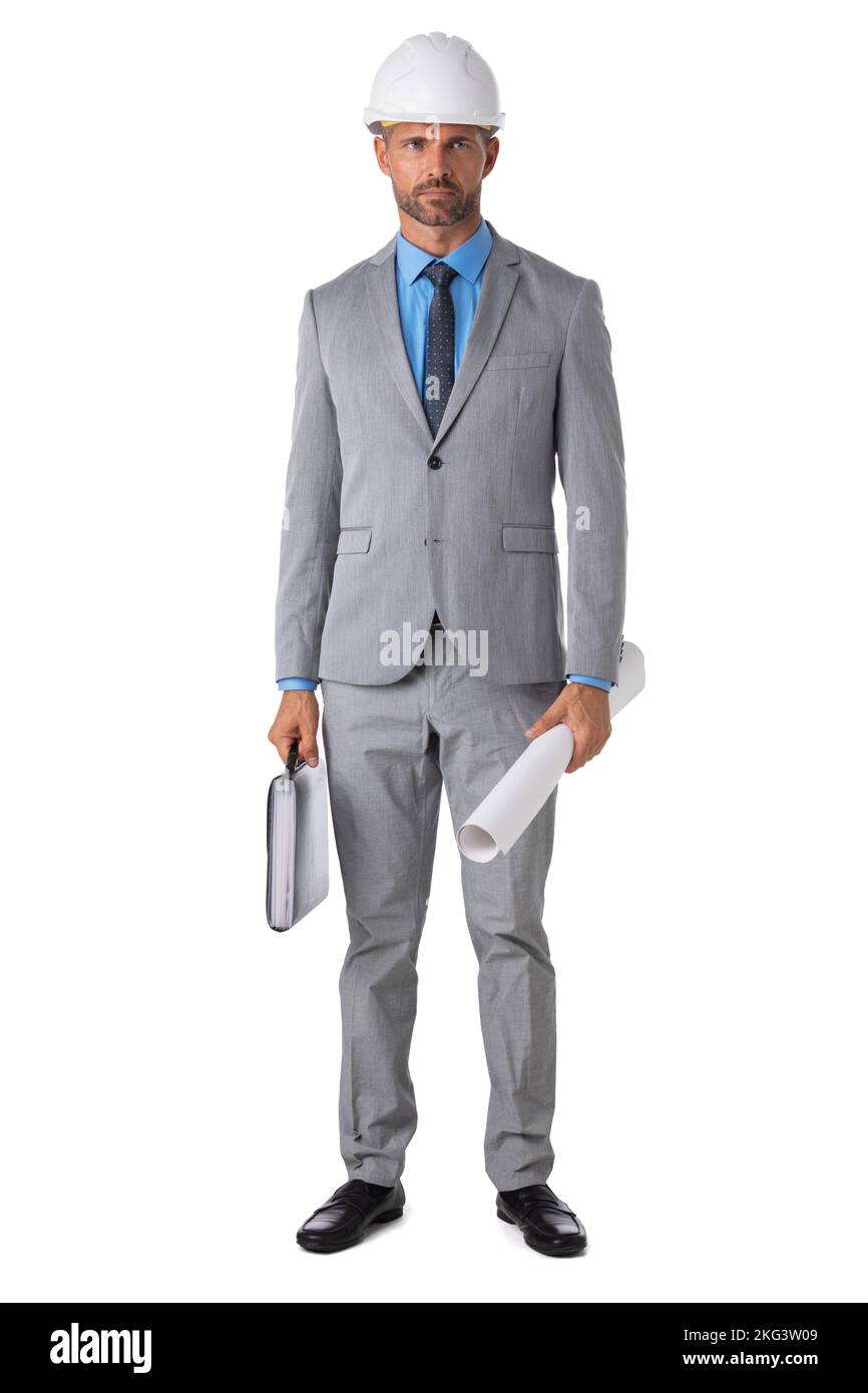 A view of mid adult construction worker wearing helmet and holding ...