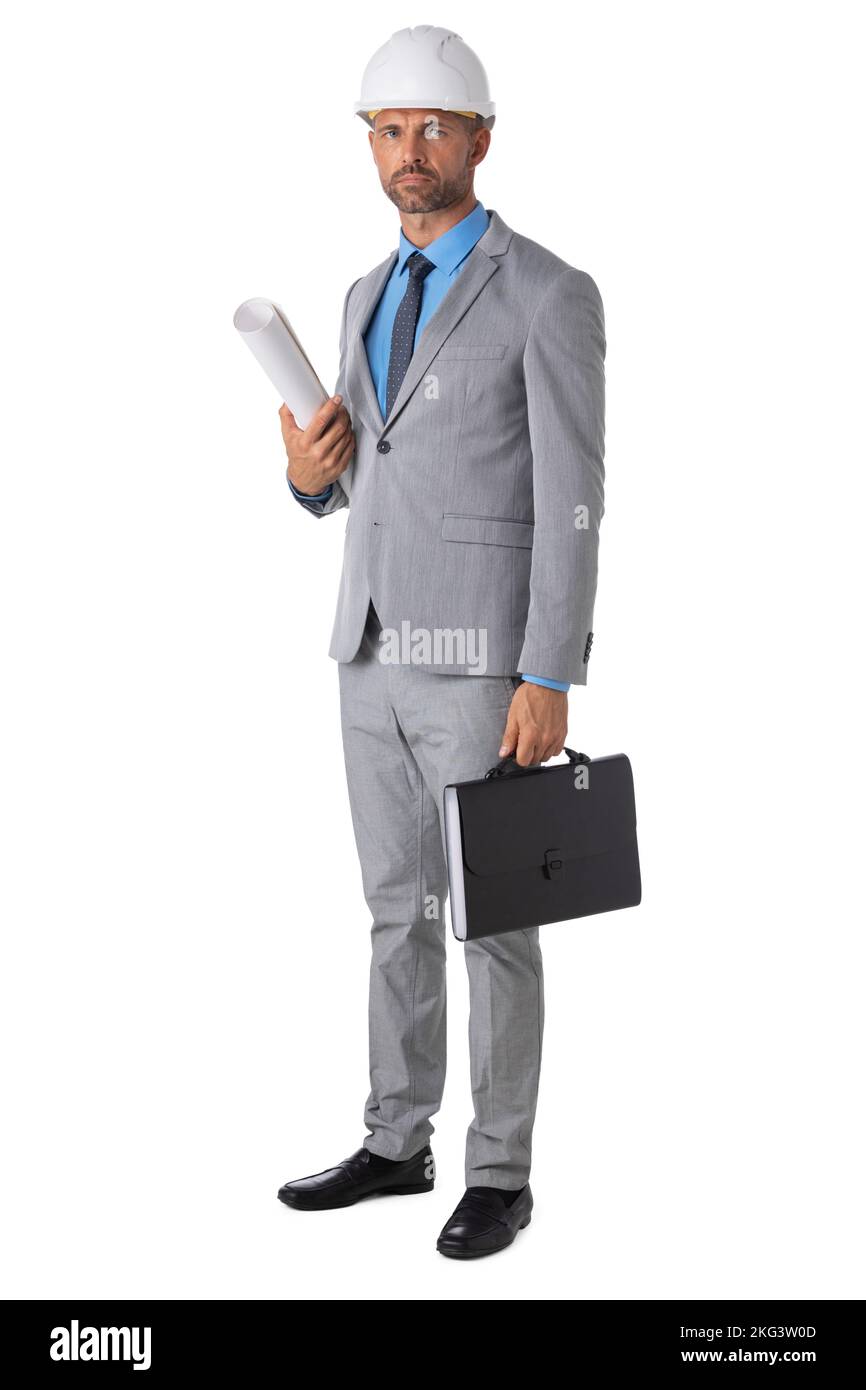A view of mid adult construction worker wearing helmet and holding ...