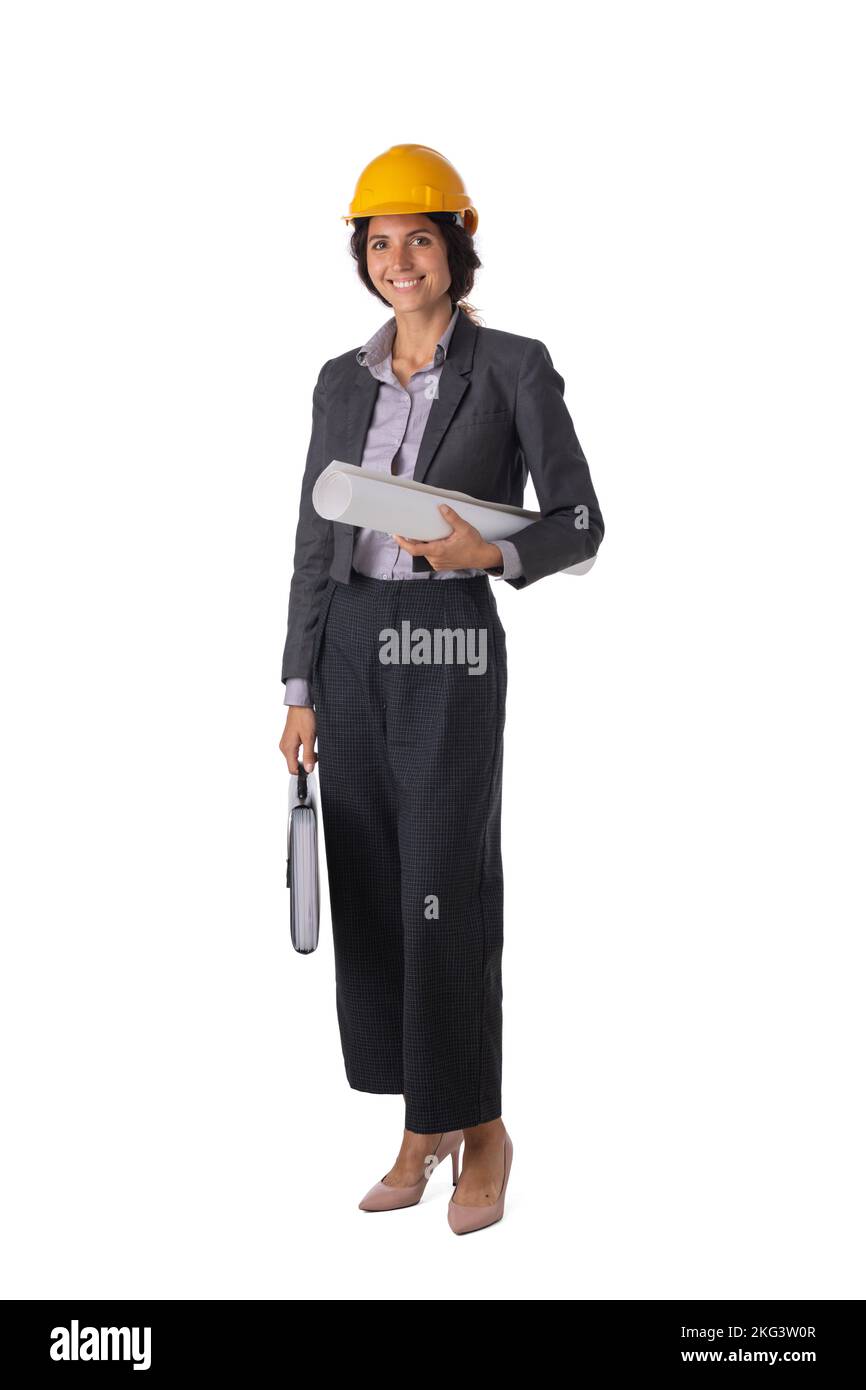 Portrait of female engeneer architect in yellow hardhat and business ...