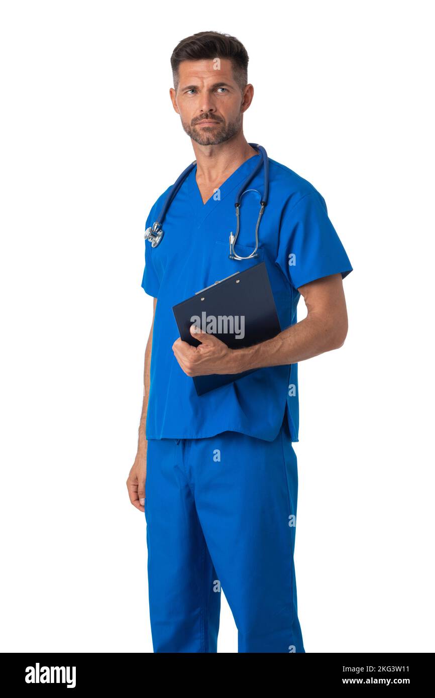 Portrait of male nurse in blue uniform with stethoscope and document ...