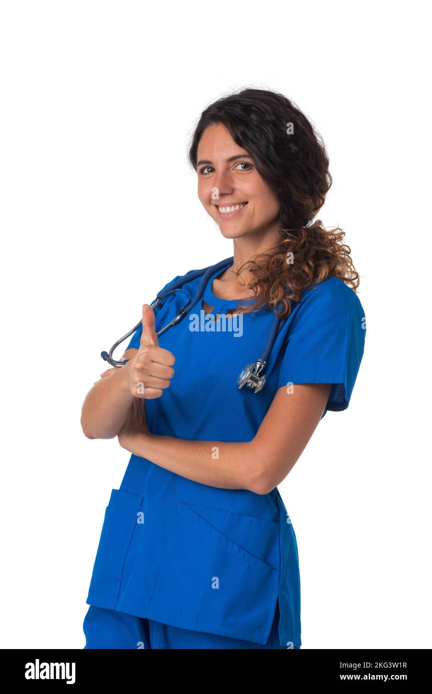 Nurse doctor woman smile with stethoscope hold thumb up, wear blue ...