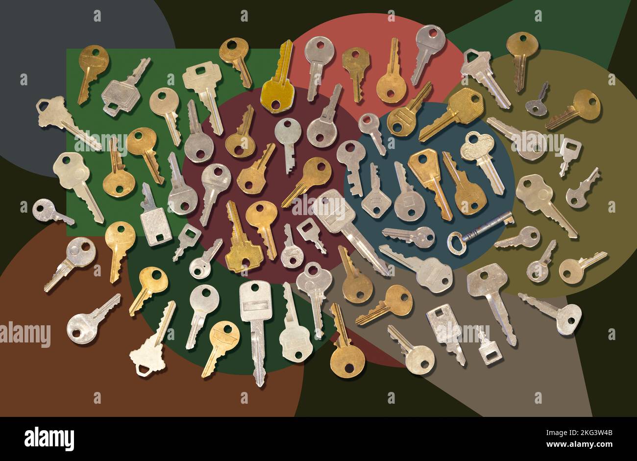 Top aerial view of a group of many different keys in a random pattern ...