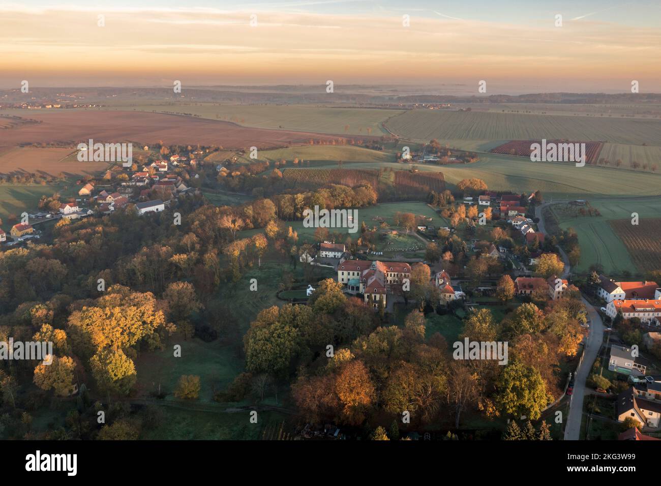 Aerial view over village Proschwitz north of town Meissen, Proschwitz ...