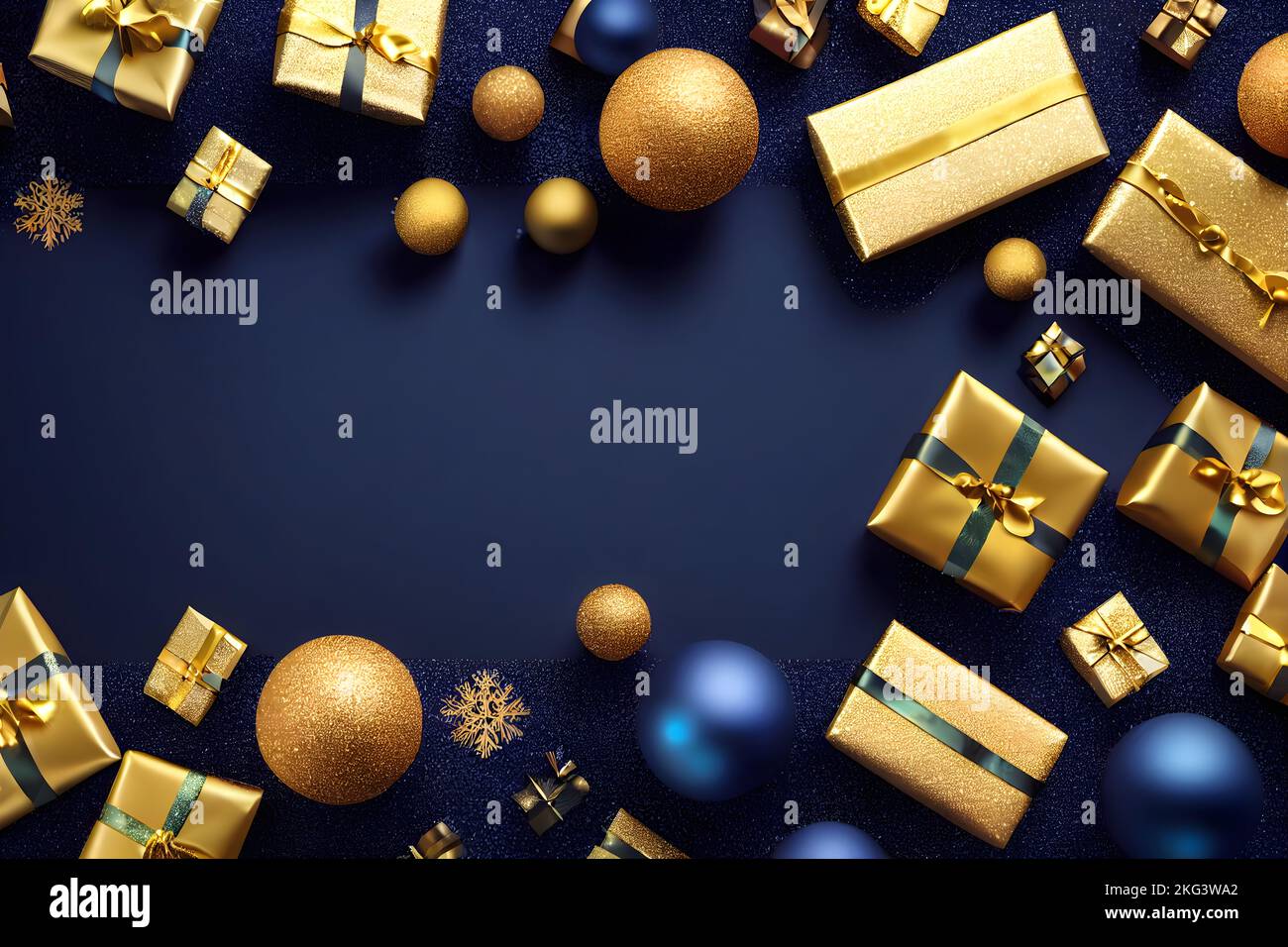 Golden Christmas baubles and gift boxes on dark blue background with ...