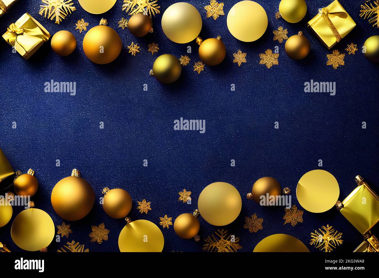 Golden Christmas baubles and gift boxes on dark blue background with ...