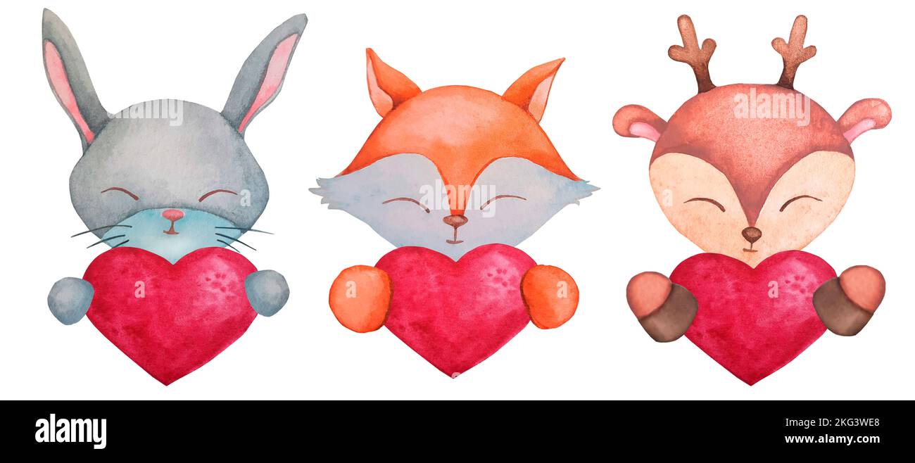 A set of cute animals with a red heart in their hands. Romantic clipart ...