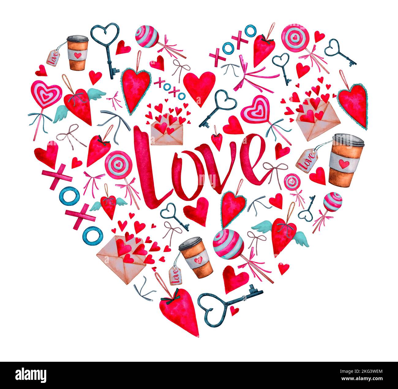 Symbols of love in the shape of a heart. Watercolor candies, lollipops ...